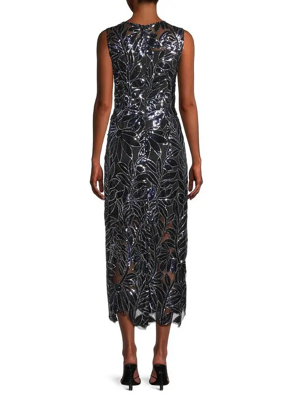 milly kinsley sequin dress Milly Kinsley Floral Sequins Midi-Dress In Navy Silver - 30% Off