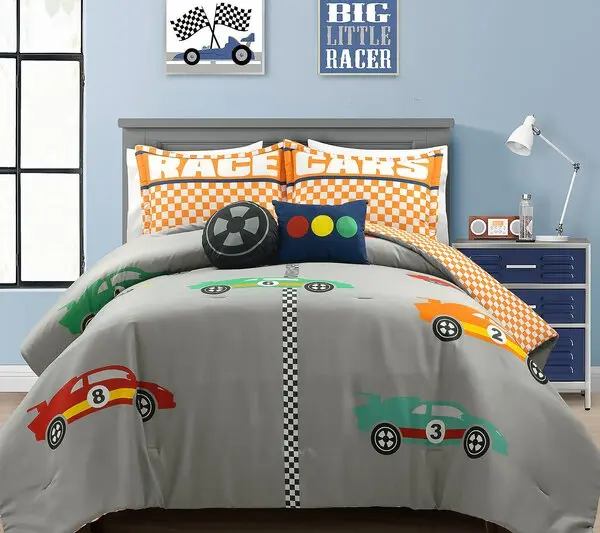 LUSH DECOR Racing Cars 5pc Fl/qn Reversible Com Forter Set - One-color