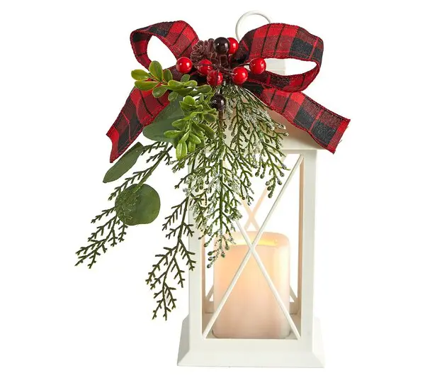 NEARLY NATURAL 12' Holiday White Lantern W/berr Es, Pine & Bow - One-color