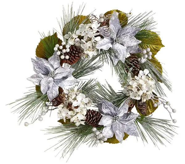 NEARLY NATURAL 24' Silver Poinsettia, Hydrangea Wreath - One-color