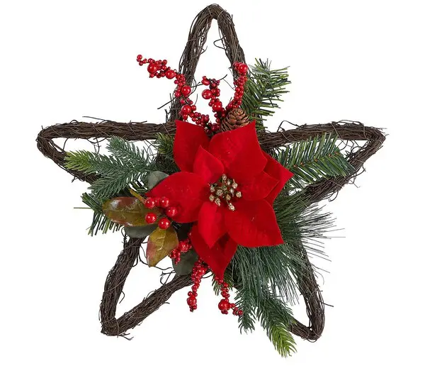 NEARLY NATURAL 16' Holiday Poinsettia Star Twig Wreath - One-color