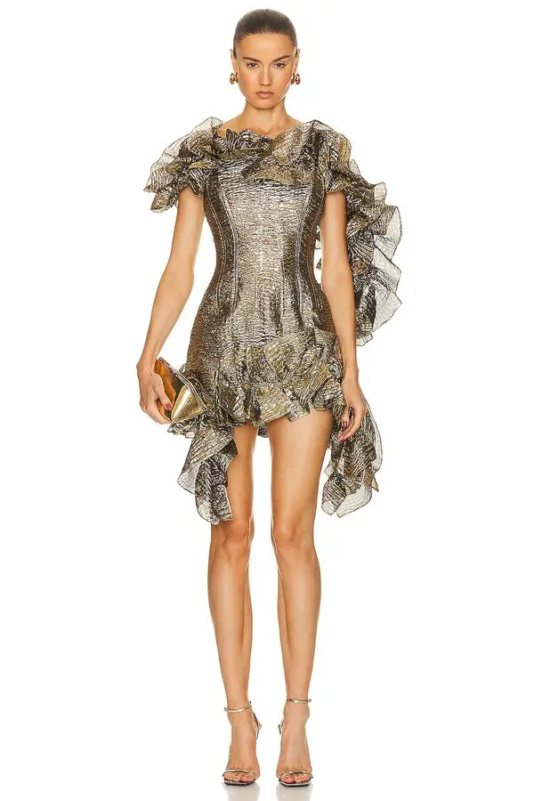 Aknvas Ava Structural Ruffle Dress In Metallic Gold In Gold Leaf - 44% Off  | Editorialist