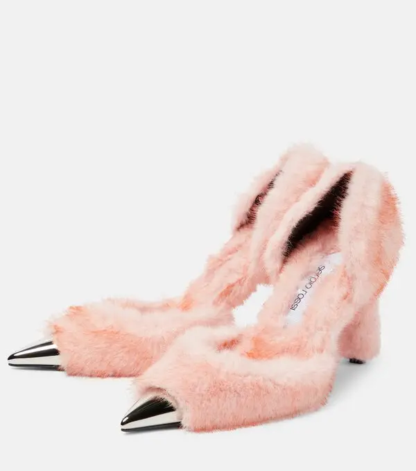 AREA Dagger Faux Fur-trimmed Pumps