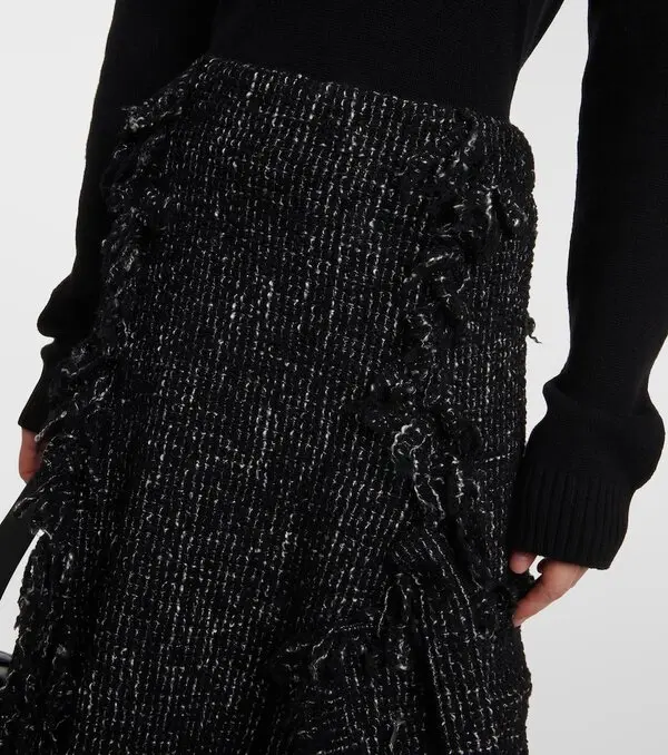 Sacai Fringed Flared Tweed Midi Skirt
