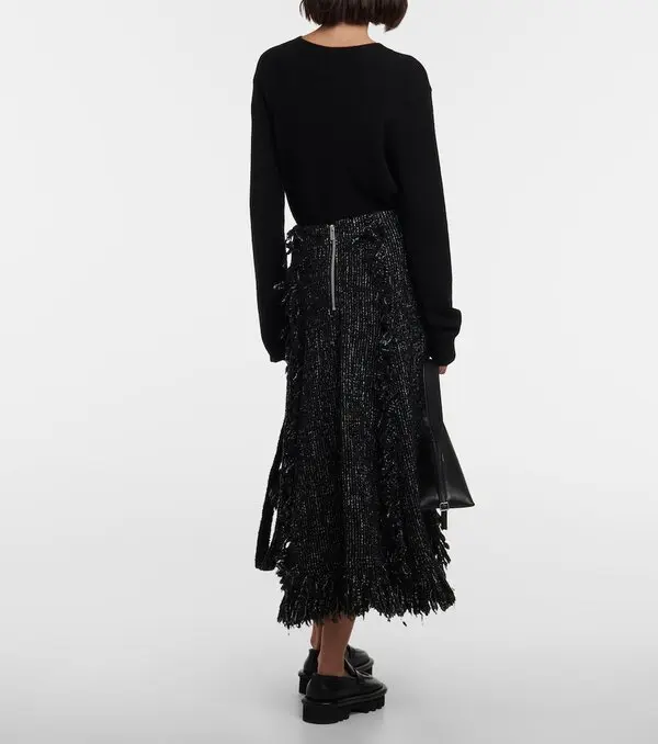 Sacai Fringed Flared Tweed Midi Skirt