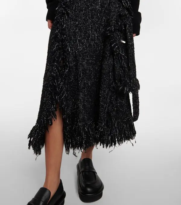 Sacai Fringed Flared Tweed Midi Skirt