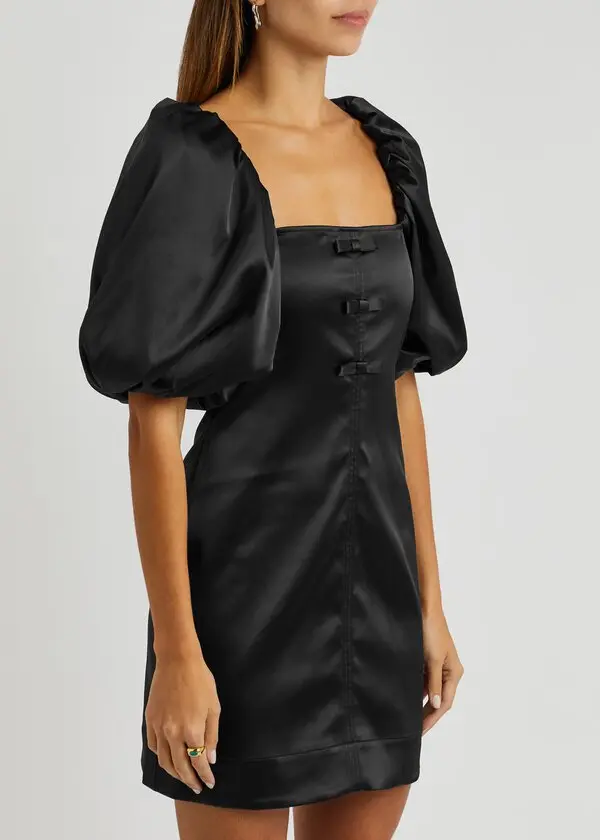 Ganni Bow-Embellished Satin Mini Dress In Black | Editorialist