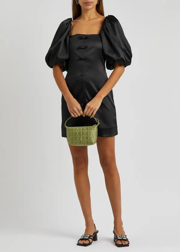 Ganni Bow-Embellished Satin Mini Dress In Black | Editorialist