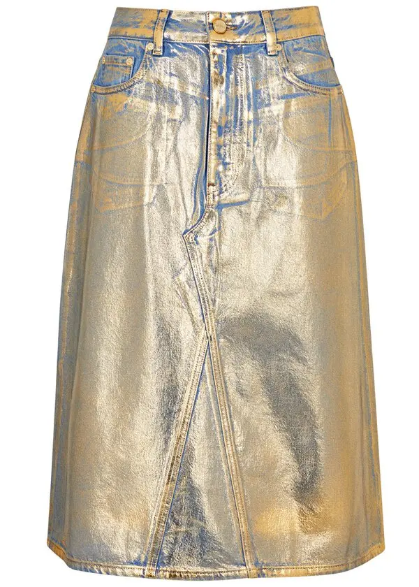 GANNI Foil-print Denim Midi Skirt - Gold