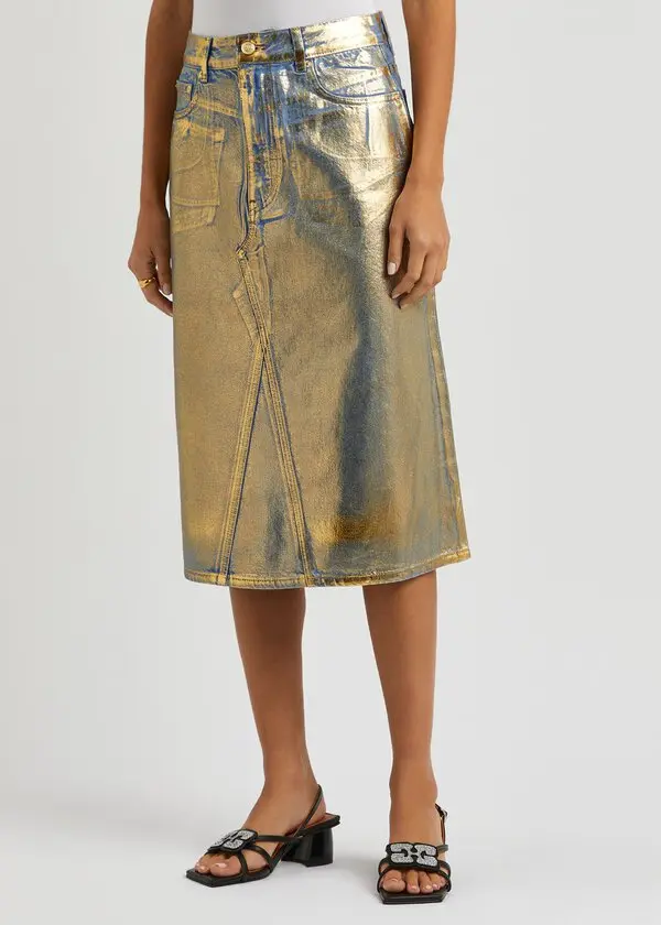 GANNI Foil-print Denim Midi Skirt