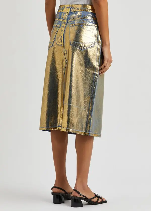GANNI Foil-print Denim Midi Skirt