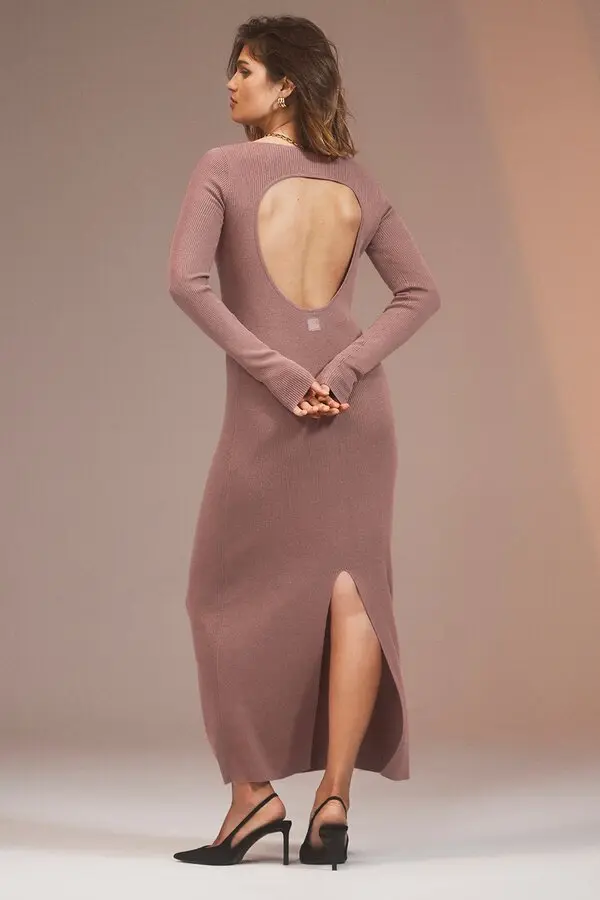 Alo Yoga Ribbed Silk Cashmere Plaisir Long Sleeve Dress Top - Smoky Quartz  | Editorialist