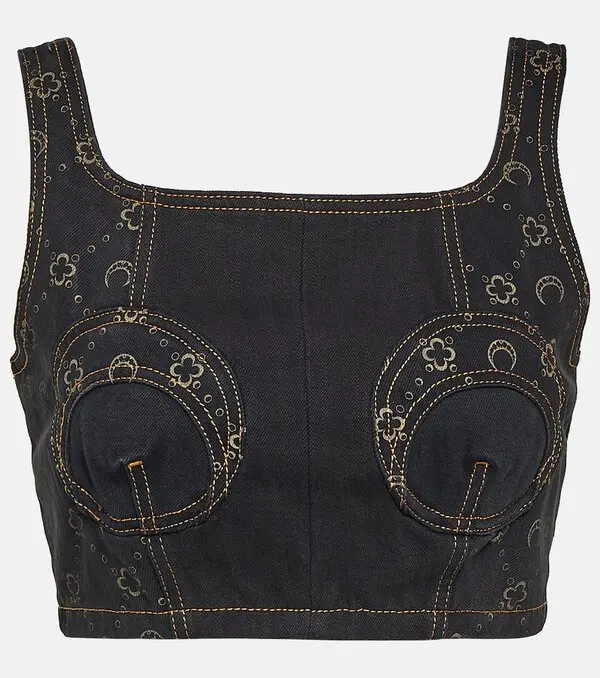 MARINE SERRE Regenerated Cropped Denim Bustier - Blue