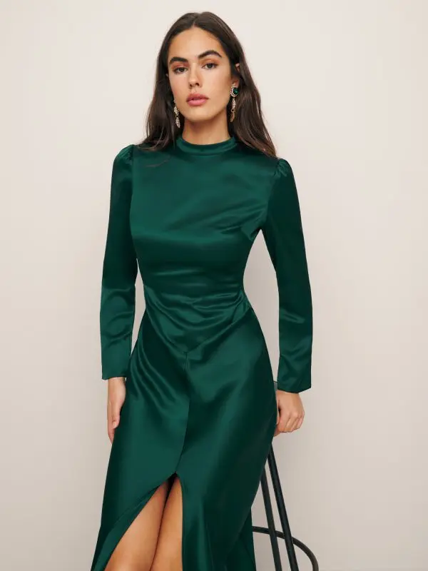 nitara satin dress Reformation Nitara Satin Dress In Forest - 50% Off