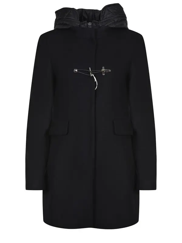 FAY Wool Blend Coat With Padded Yoke And Hood - Black