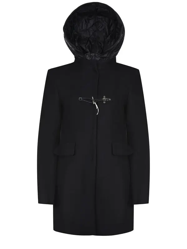 FAY Wool Blend Coat With Padded Yoke And Hood - Black