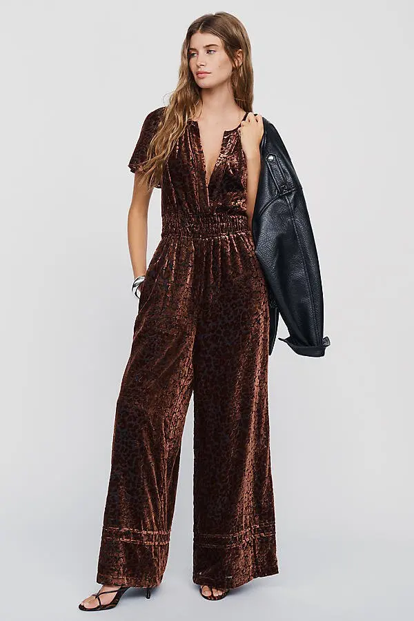 THE SOMERSET COLLECTION BY ANTHROPOLOGIE The Somerset Jumpsuit: Velvet Burnout Edition - Brown Pattern