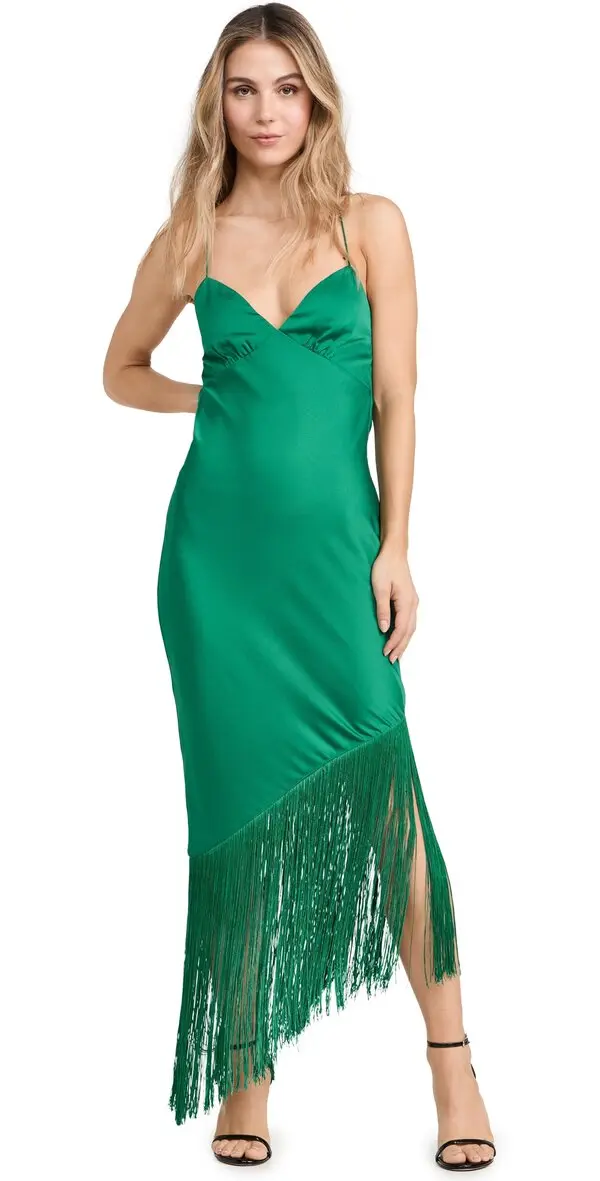 Saylor Haverine Solid Satin + Fringe Midi Dress In Emerald - 60% Off |  Editorialist