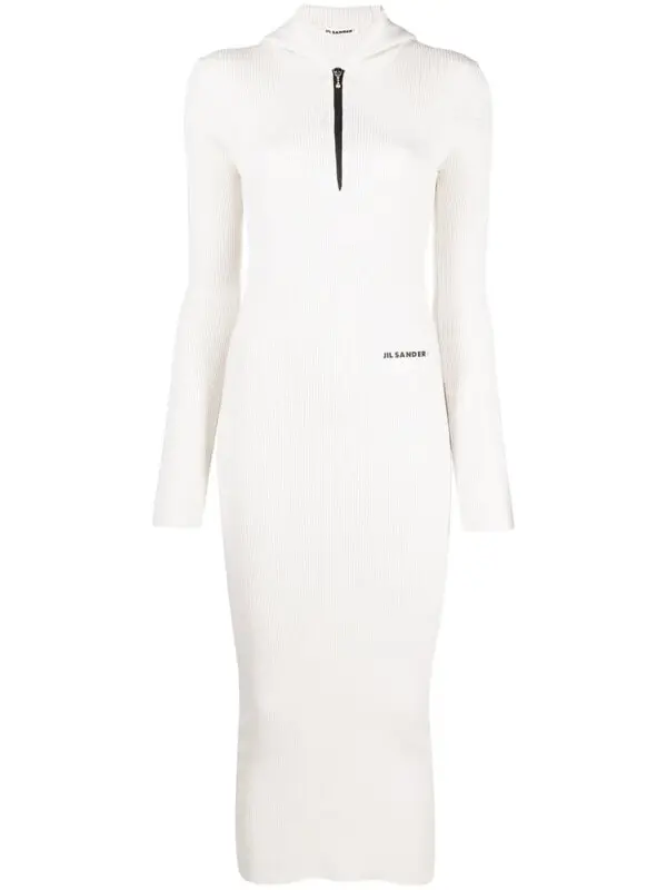 JIL SANDER Ribbed-knit Hooded Midi Dress - Neutrals