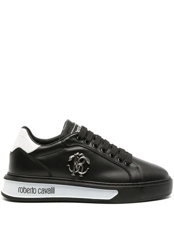 Roberto Cavalli Mirror Snake Logo-Plaque Leather Sneakers In Black