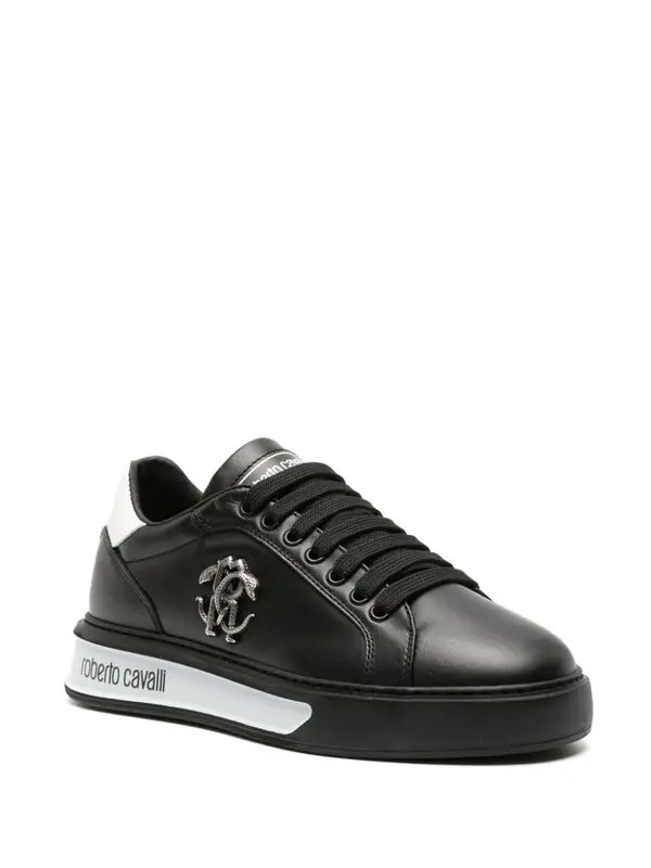 Roberto Cavalli Mirror Snake Logo-Plaque Leather Sneakers In Black