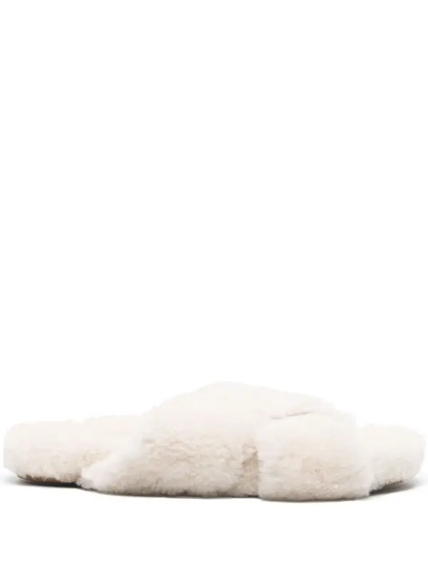 YVES SALOMON Crossover-strap Shearling Slippers - White