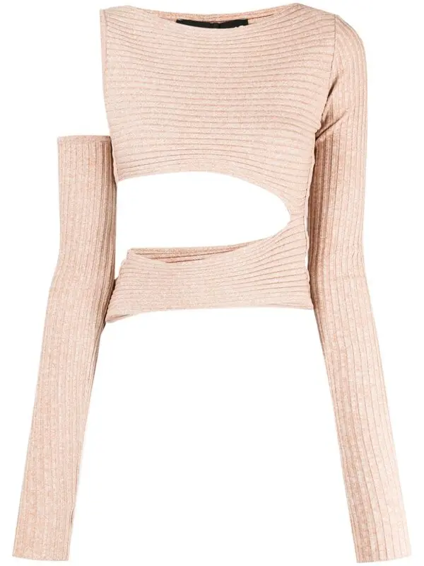 ANDREĀDAMO Asymmetric Cut-out Ribbed Top - Brown