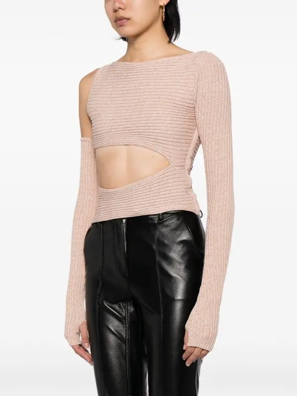 ANDREĀDAMO Asymmetric Cut-out Ribbed Top - Brown