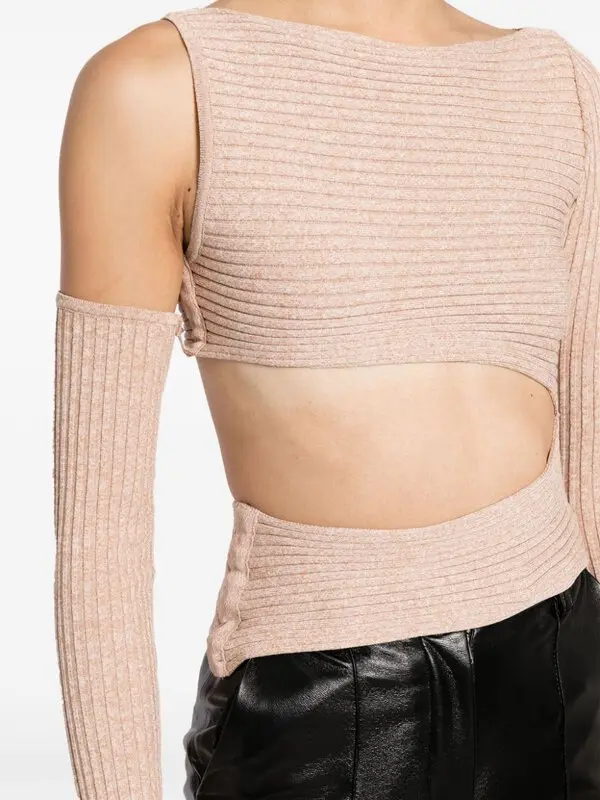 ANDREĀDAMO Asymmetric Cut-out Ribbed Top - Brown