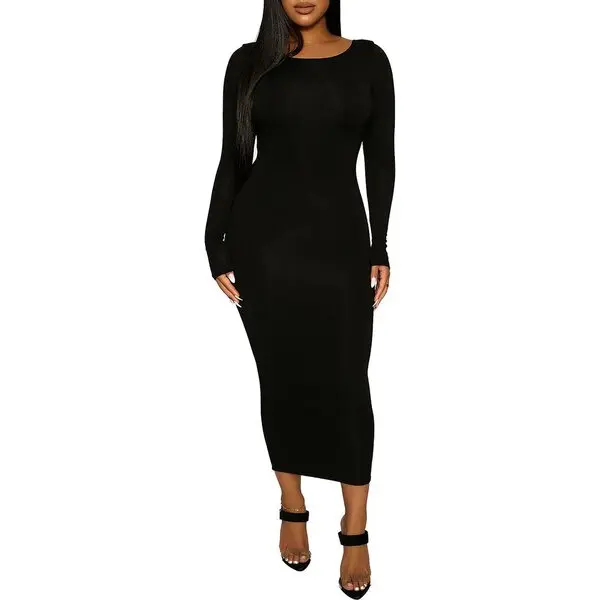 Naked Wardrobe Timeless Long Sleeve Body-con Midi Dress - Black