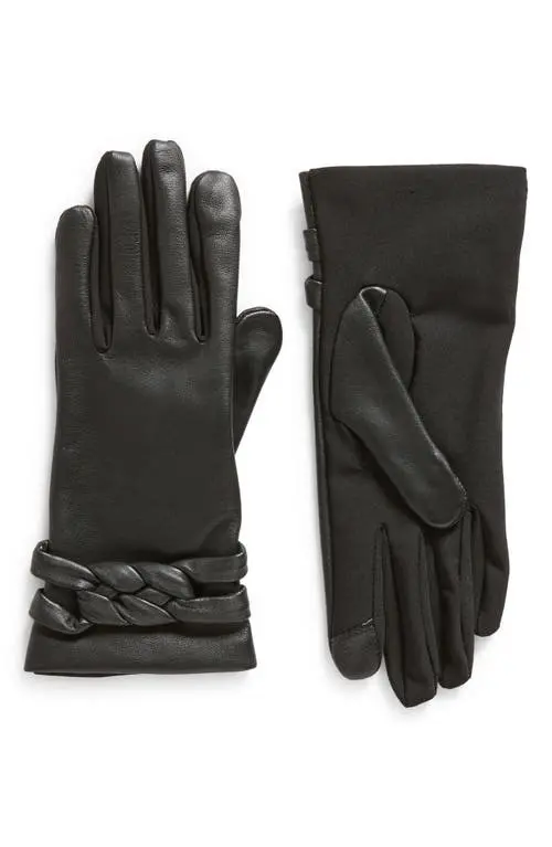 Cole Haan Braid Strap Mixed Media Leather Gloves - Black