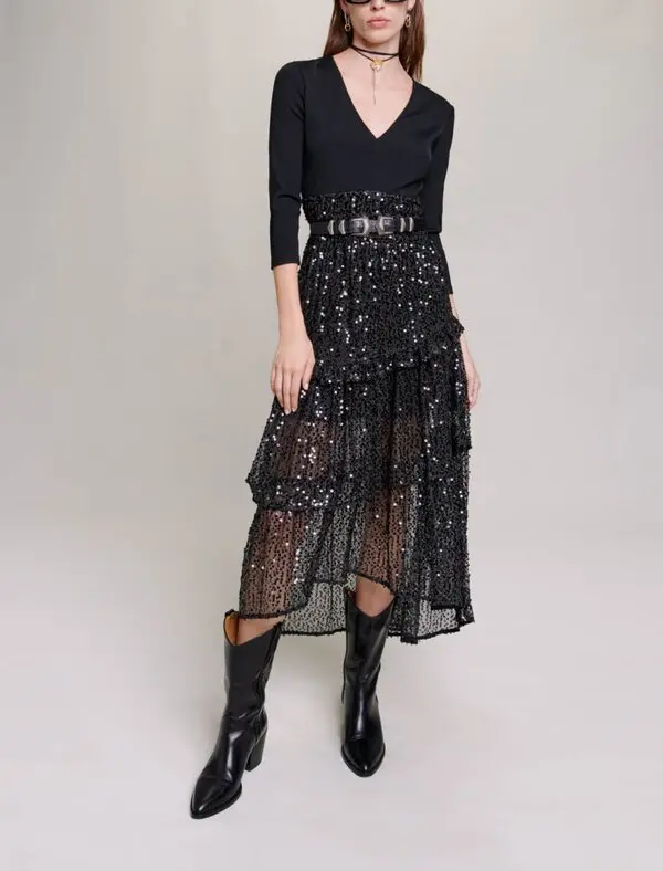 Maje Sequin And Mesh Ruffled Maxi Dress