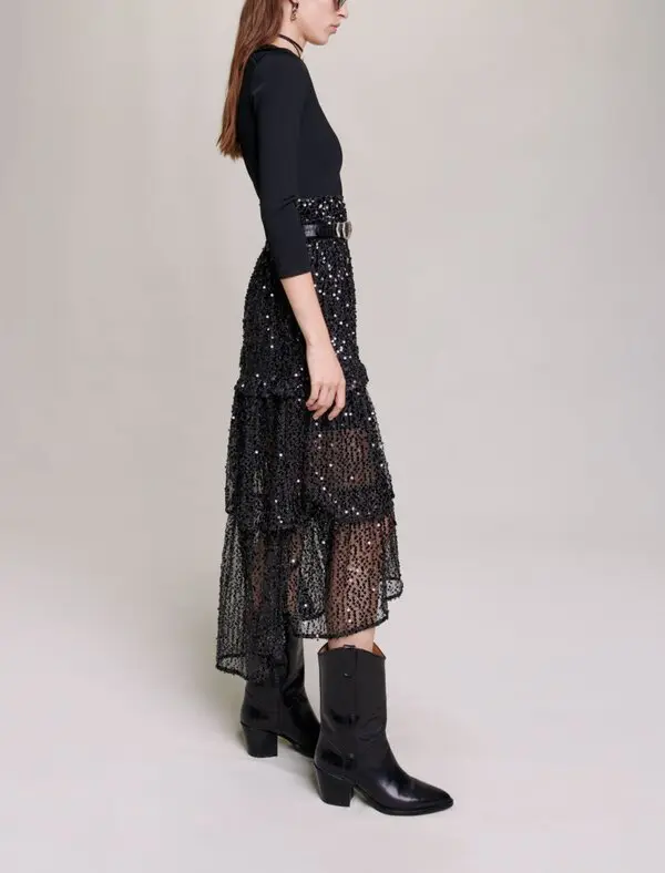 Maje Sequin And Mesh Ruffled Maxi Dress