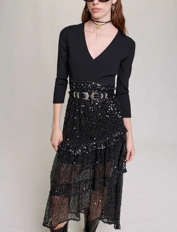 Maje Sequin And Mesh Ruffled Maxi Dress