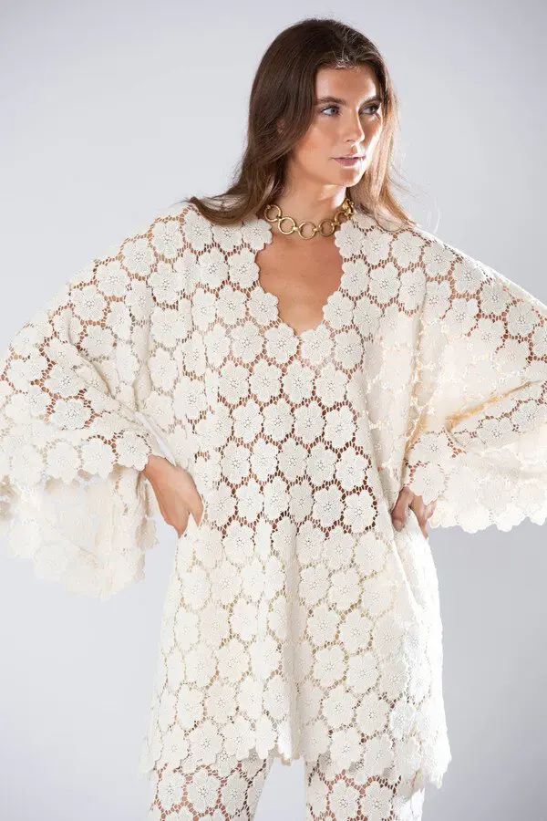 Miguelina Gianina Cosmos Flower Lace Mini Caftan - Neutral