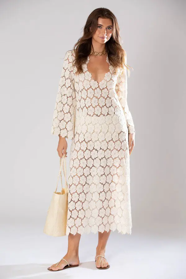 Miguelina Arelis Cosmos Flower Lace Caftan Natural