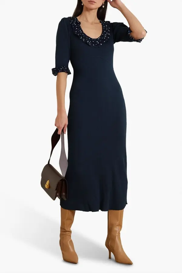 Rixo Giuliana Crepe-Trimmed Ruffled Ribbed-Knit Maxi Dress In Midnight Blue  - 65% Off | Editorialist