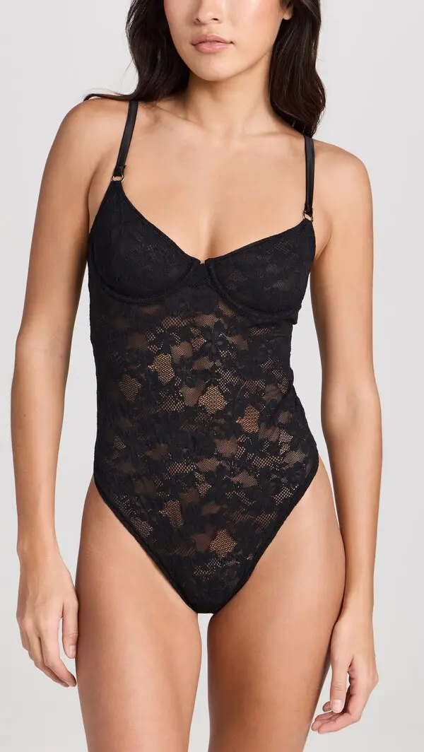 FLEUR DU MAL Le Stretch Multifit Lace Thong Bodysuit - Black
