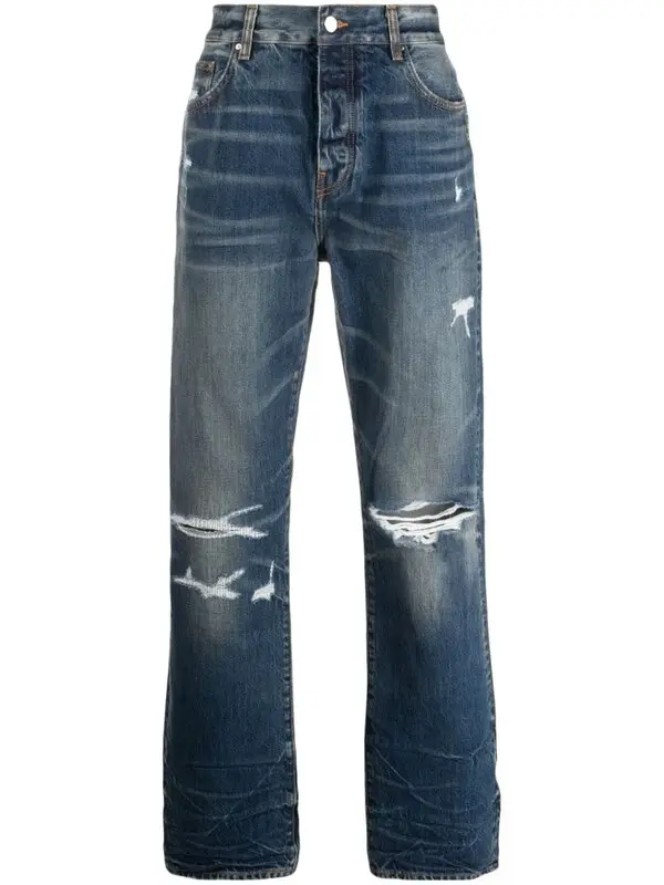 Amiri Logo-patch Ripped Straight-leg Jeans