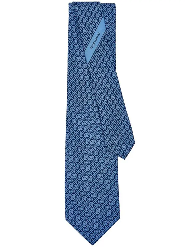 FERRAGAMO Gancini Print Silk Tie - Blue
