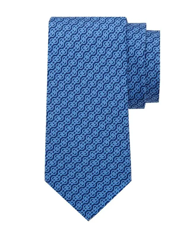 FERRAGAMO Gancini Print Silk Tie - Blue