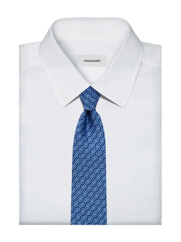 FERRAGAMO Gancini Print Silk Tie - Blue
