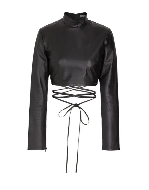 8 BY YOOX Lambskin Leather Mock-neck Crop Top - Black
