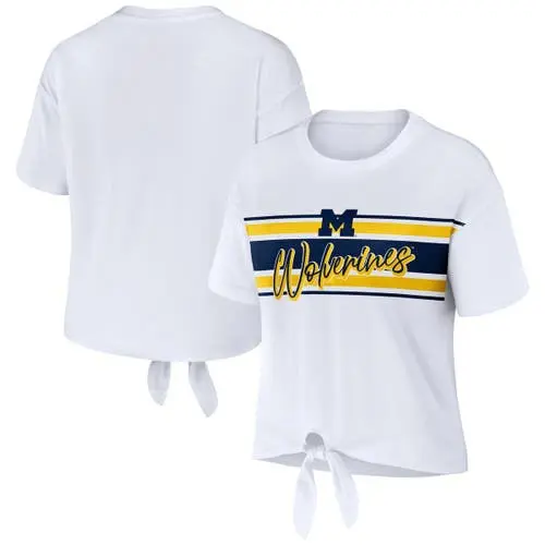 WEAR BY ERIN ANDREWS Michigan Wolverines Striped Front Knot Cropped T-shirt - White