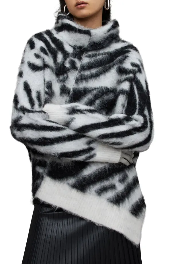 ALLSAINTS Zebra Pattern Asymmetric Turtleneck Sweater