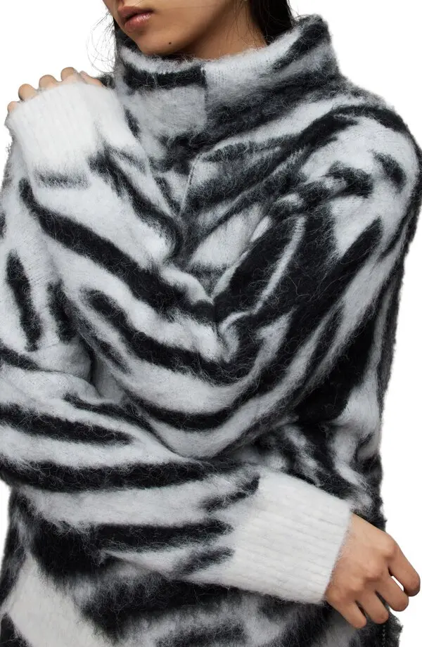 ALLSAINTS Zebra Pattern Asymmetric Turtleneck Sweater