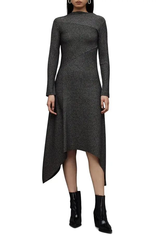 Allsaints Gia Metallic Long Sleeve Dress In Dark Silver - 61% Off |  Editorialist