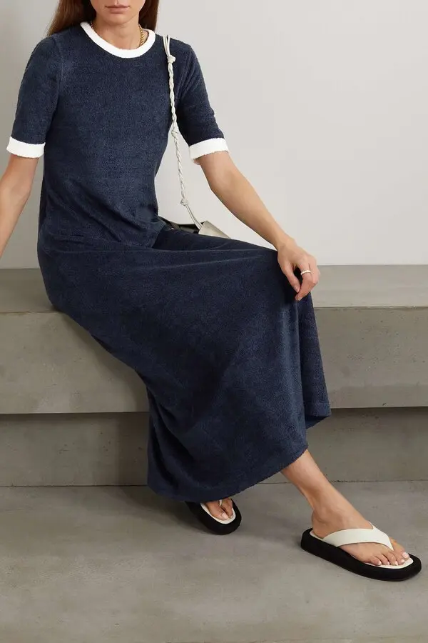 Loro Piana Lavagna Piped Linen And Cotton-Blend Terry Midi Dress - Navy |  Editorialist