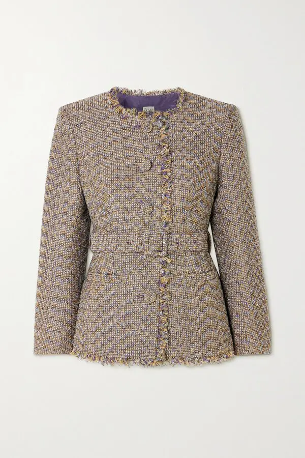 Huishan Zhang Leila Belted Fringed Metallic Tweed Jacket