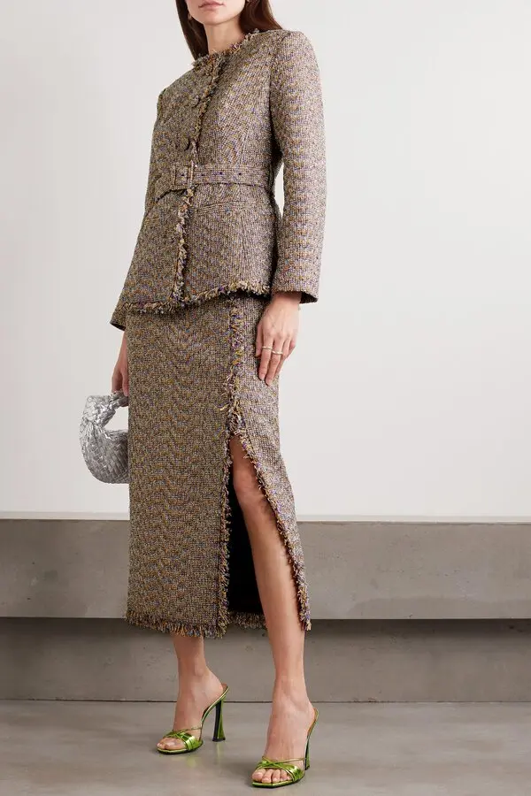 Huishan Zhang Leila Belted Fringed Metallic Tweed Jacket